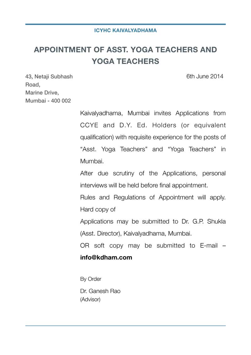 Yoga Teacher Notice - Kaivalyadhama Mumbai